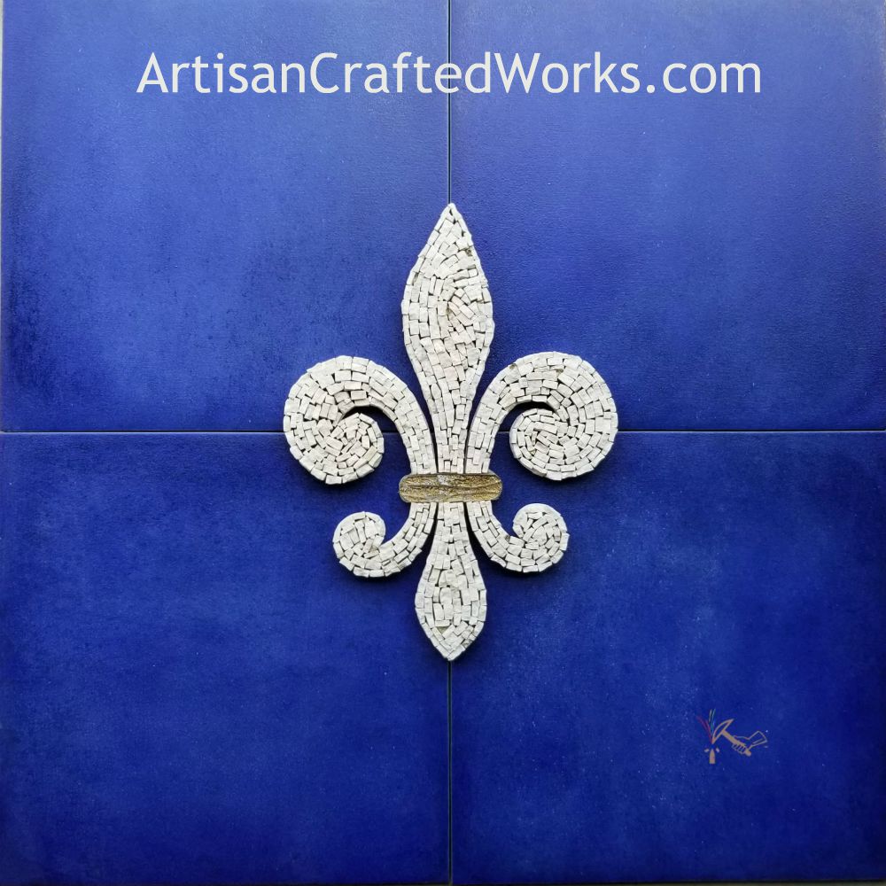 Marble Mosaic Fleur de Lis with Blue Tile Surround – Artisan Crafted Works